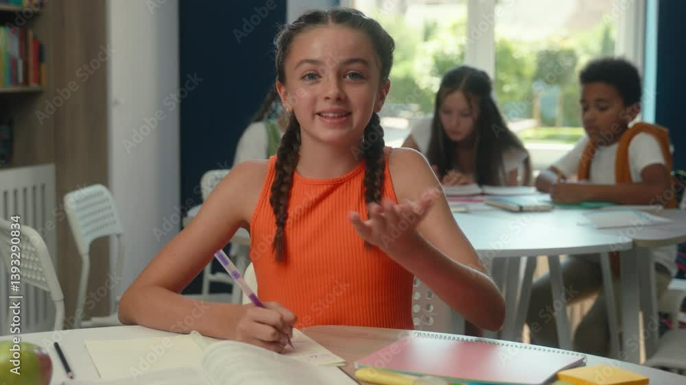 Smiling pretty Caucasian little girl kid child daughter learner pupil ...