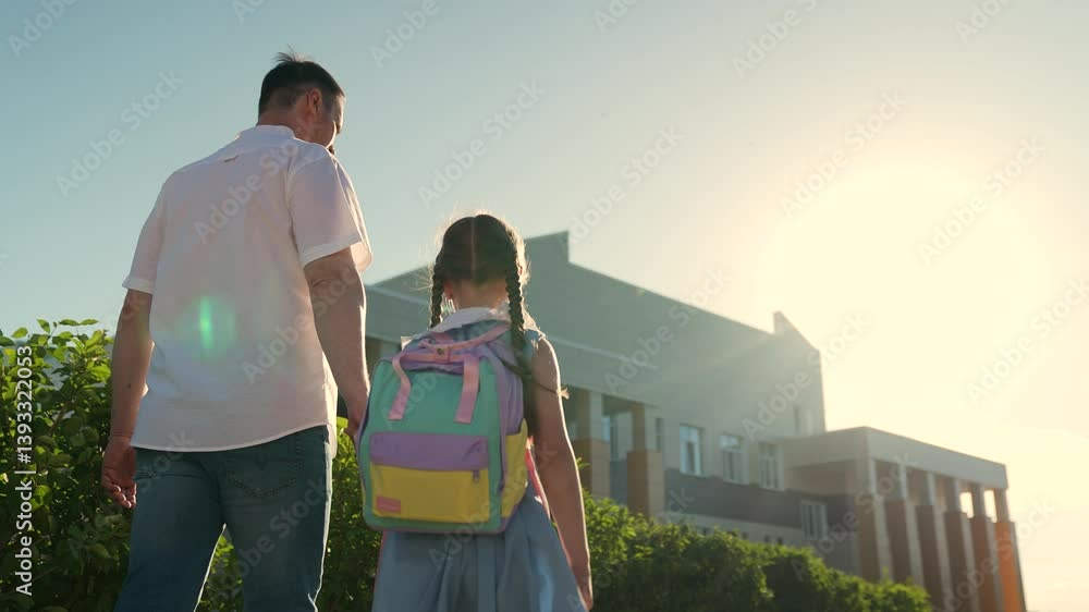 father holds hand little first-grader, child kid girl daughter goes to ...