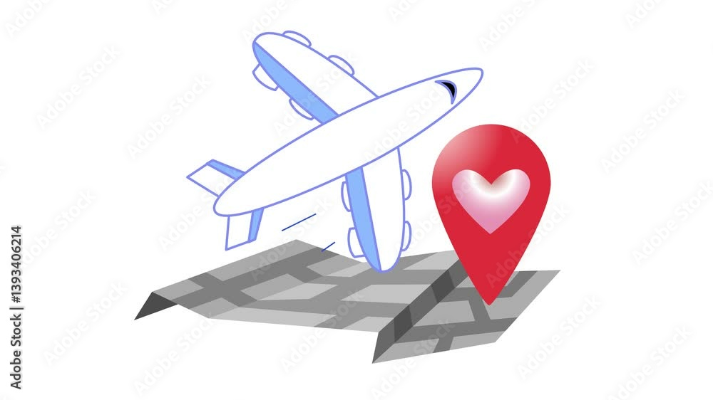Love destination flight in cartoon animation. Map pin location on ...
