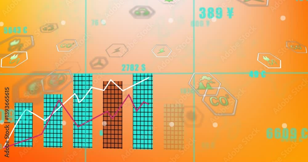Bar graph and line chart with currency symbols over digital icons ...