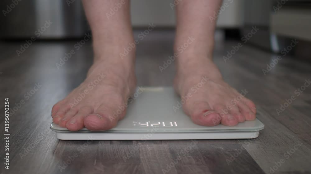 Men's feet step on scales to determine weight change, effectiveness of ...