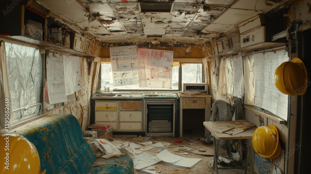 Poster Worksite trailer with architectural plans pinned to walls and ...