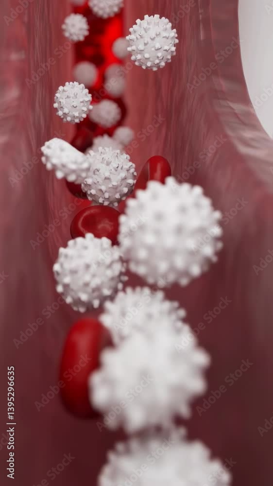 Vertical video of 3D animation white blood cells inside the blood ...