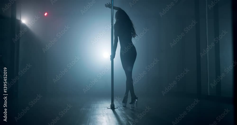 Woman, silhouette and pole dancer on stage for exotic performance, spin ...