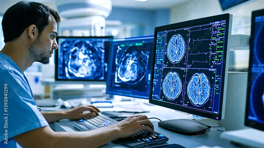 A radiology workstation showing a computer screen with a detailed PET ...