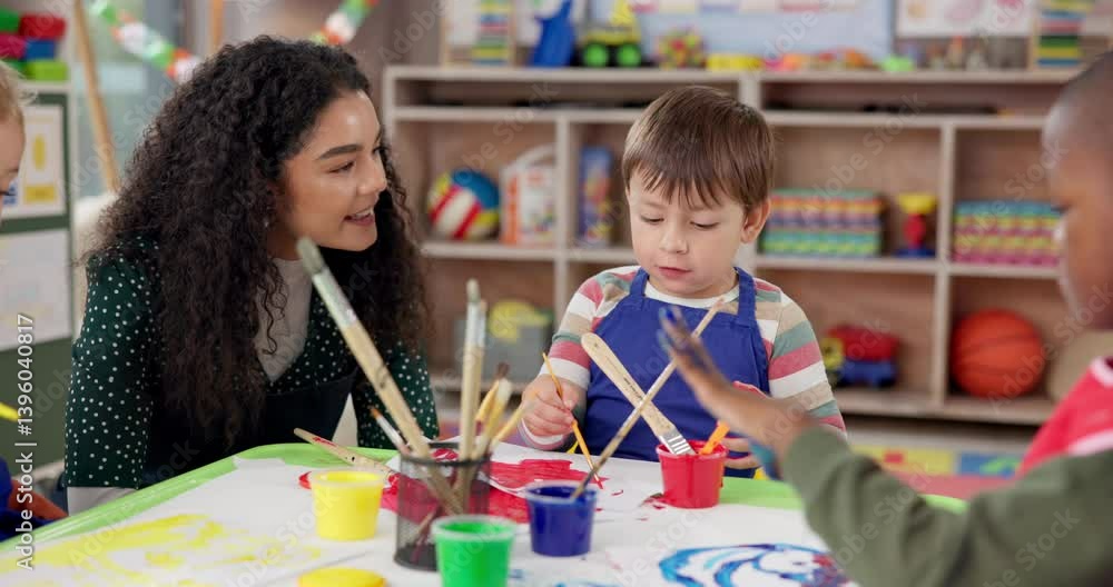 Painting, teacher and children in daycare, art and creativity in ...