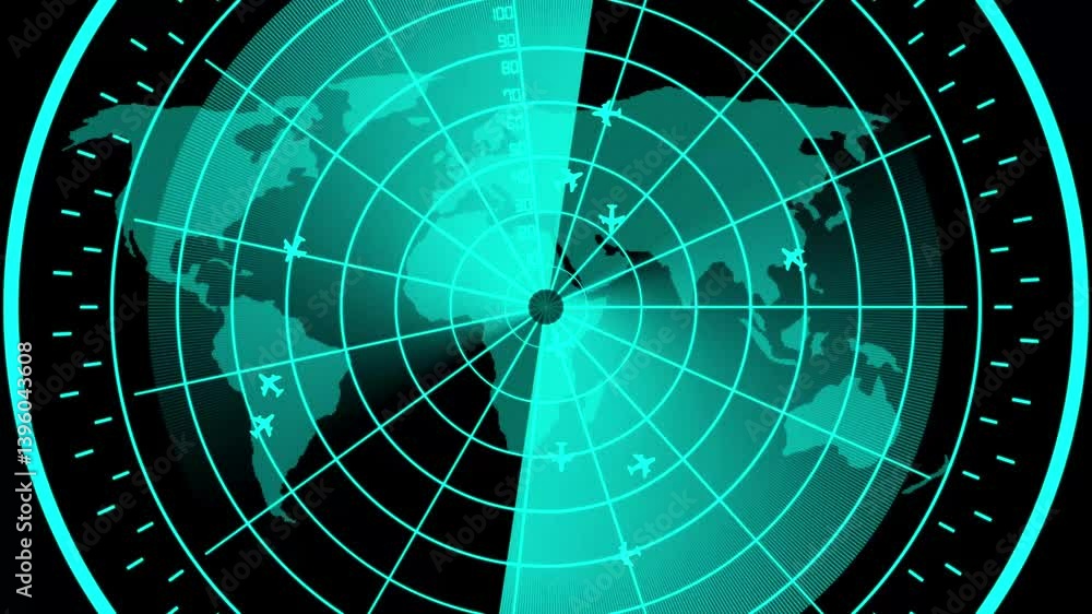 Radar screen animation on black background. Signal transmitted sonar ...