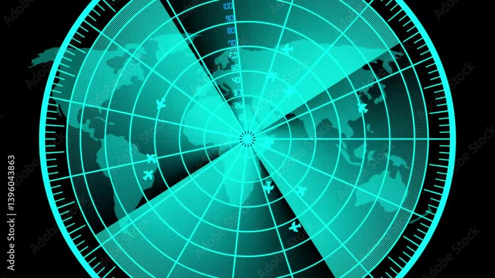 An air traffic control tower equipped with radar. High-tech hud radar ...