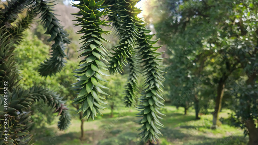 Poster Dense and prickly leaves of an ancient Araucaria tree species, a ...