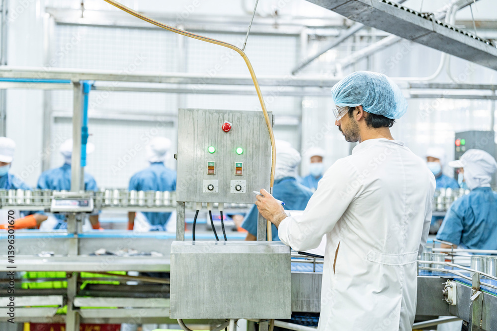 Poster scientist food processing plant supervisor examines industrial control systems ...