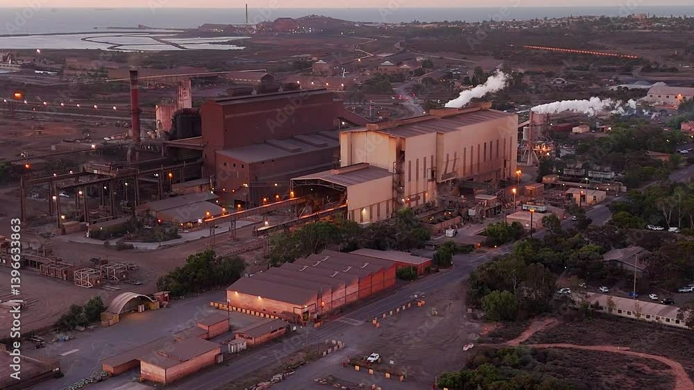 Aerial view of the Whyalla Steelworks at sunset. This vital Australian ...