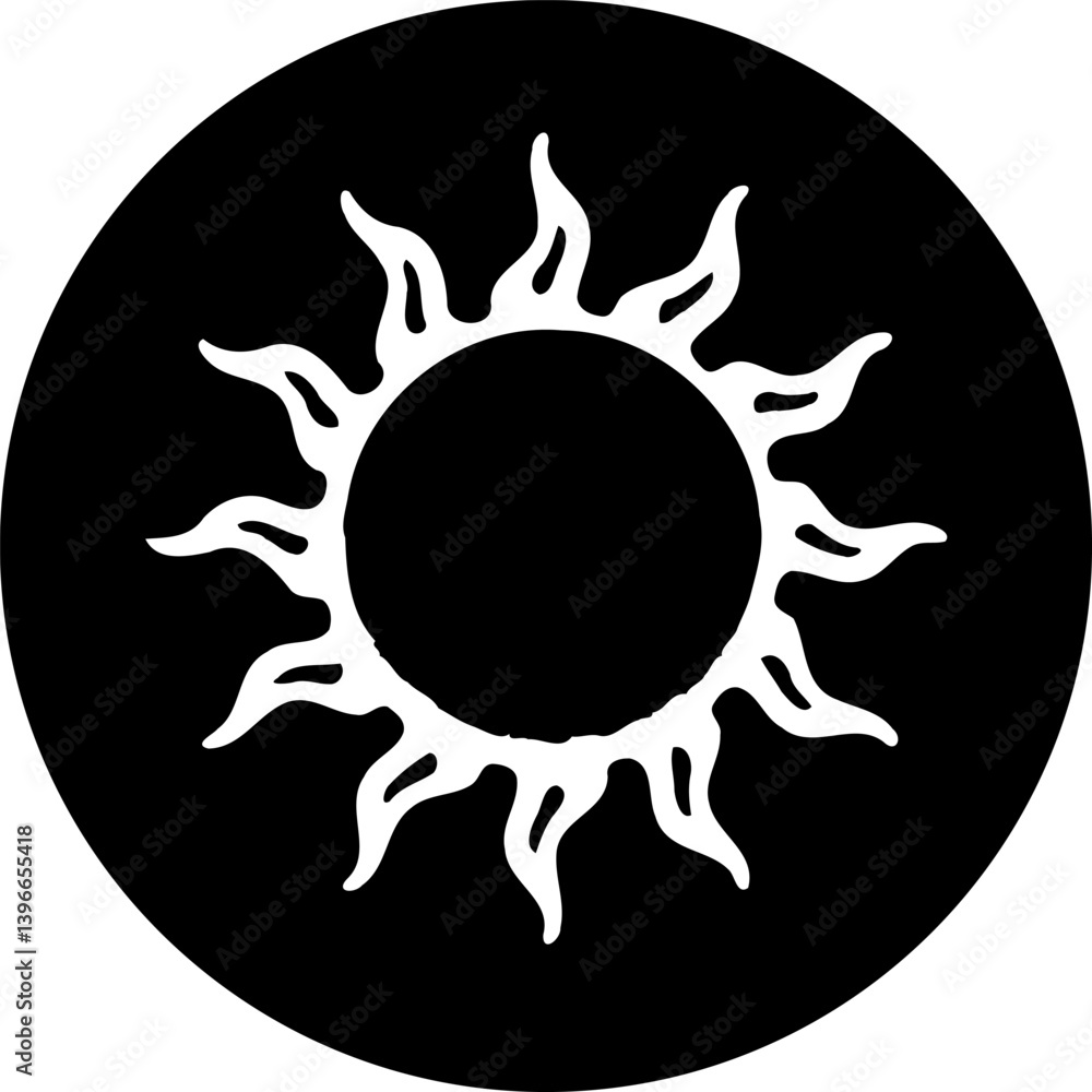 Poster Stylized sun symbol with radiant projections on a circular ...