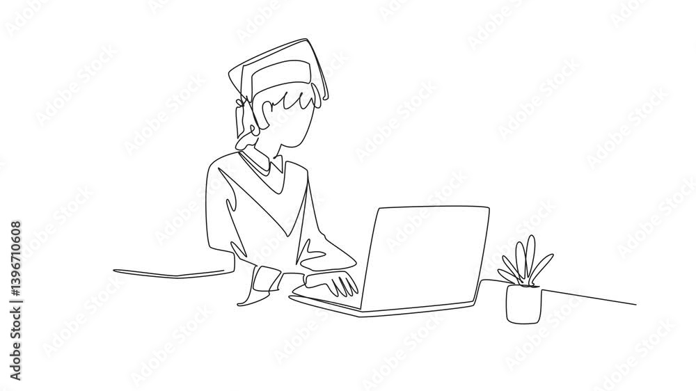 Animated single line drawing a woman wearing a graduation gown with hat ...