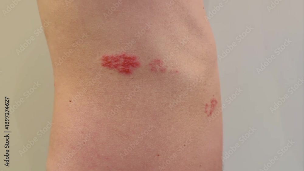 Close-up of shingles rash and blisters on the right side, back, and ...