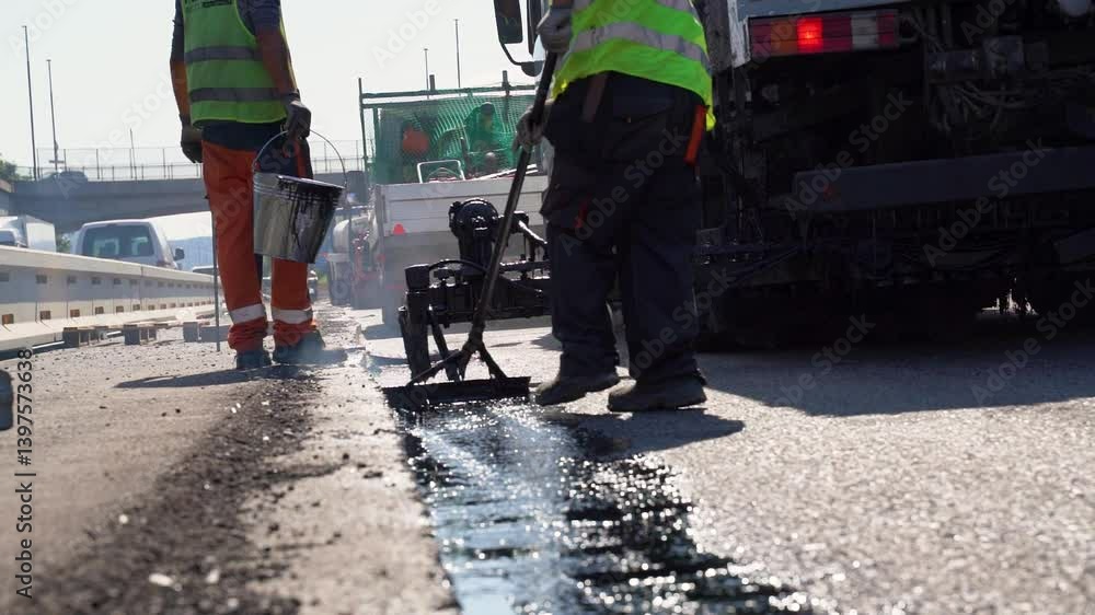 Construction worker spreading hot liquid bitumen along road edge using ...