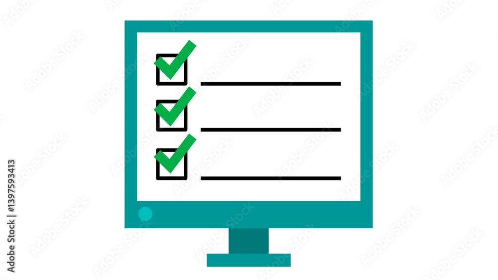 Approved computer checklist with correct checkmark in cartoon animation ...