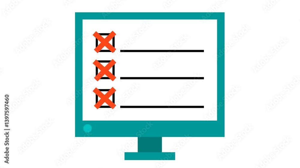 Rejected computer checklist with cross checkmark in cartoon animation ...