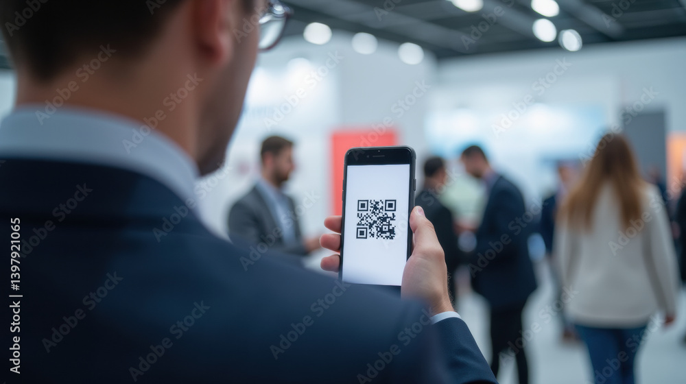 person holding smartphone displaying QR code in busy event space ...