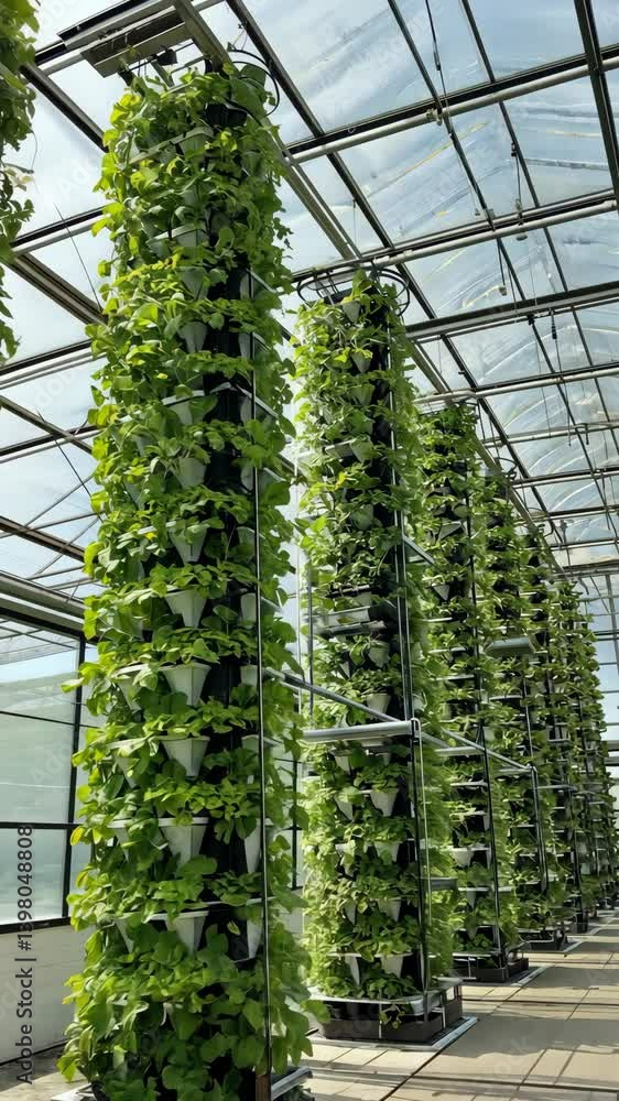 Indoor vertical farming towers filled with vibrant green leafy plants ...