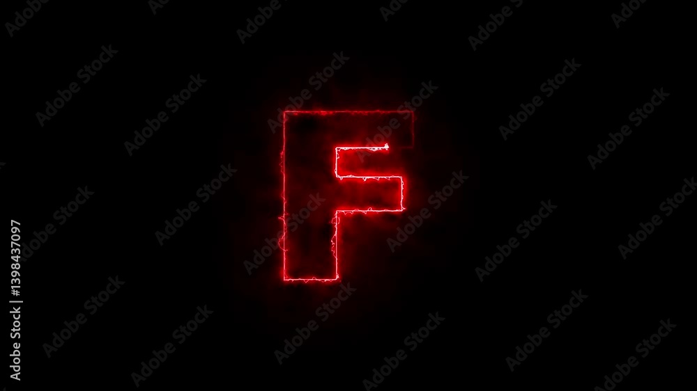 Glowing neon letter f illuminating in a dark studio environment ...