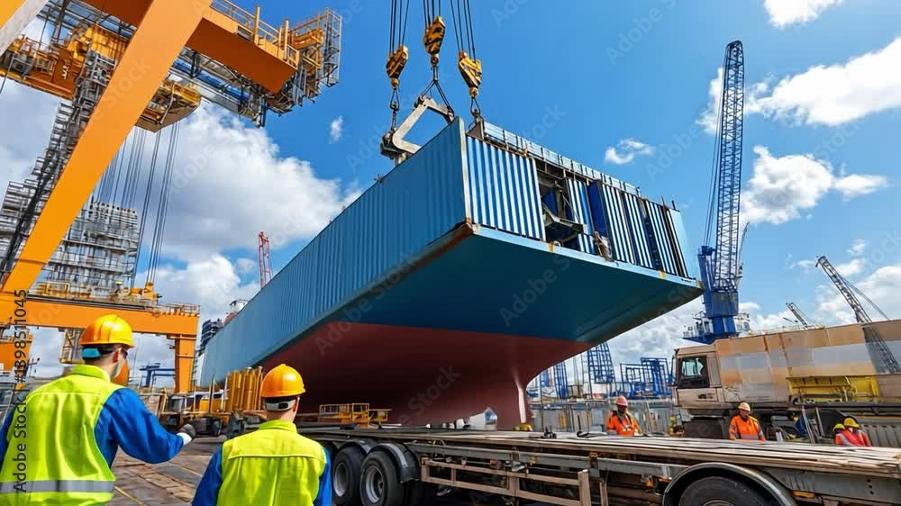 Shipping Container Handling: A bustling port scene where a massive ...