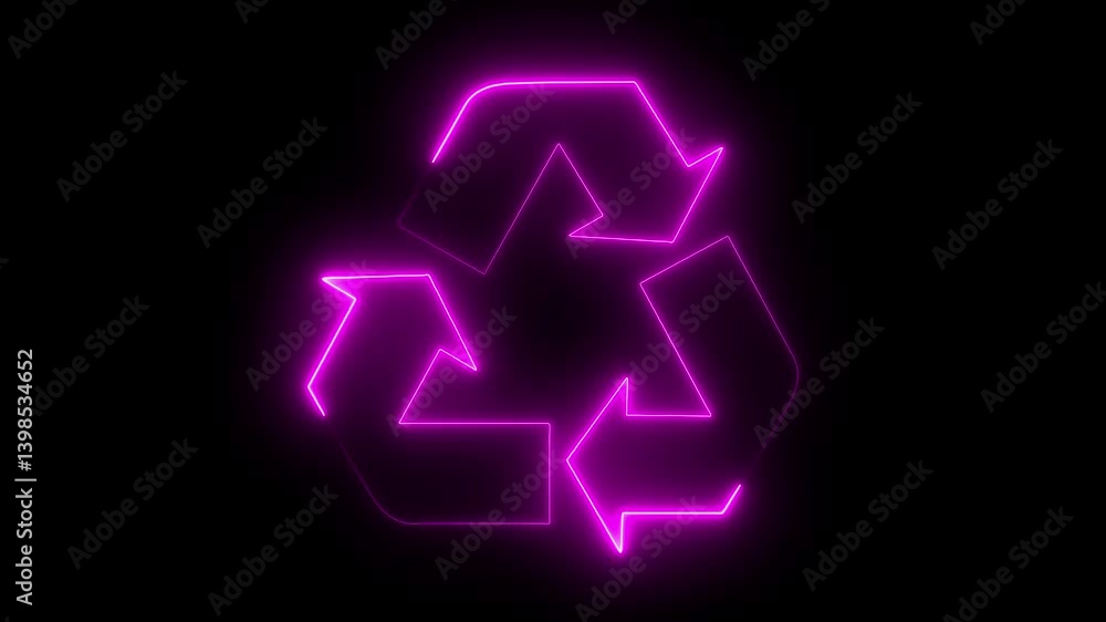 Glowing looping icon recycling symbol neon effect, black background ...