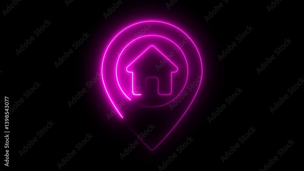 Neon location with house icon and location map pin animation. glowing ...