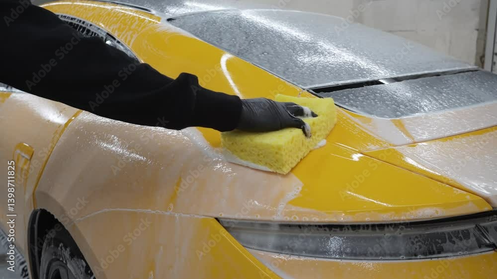 Washing car with sponge with soap foam for detailing at the car service ...