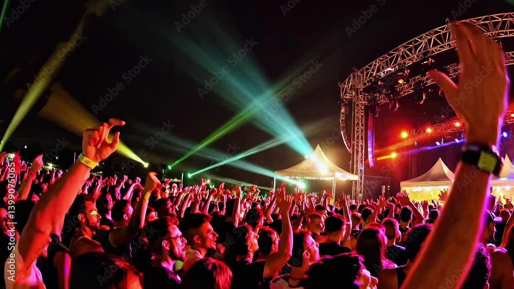 Vibrant festival scene with a crowd dancing under colorful lights. Low ...