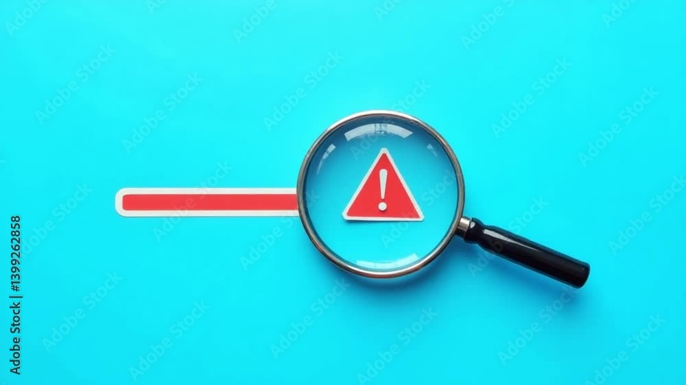 Magnifying glass with warning sign on progress bar. Find problem stop ...