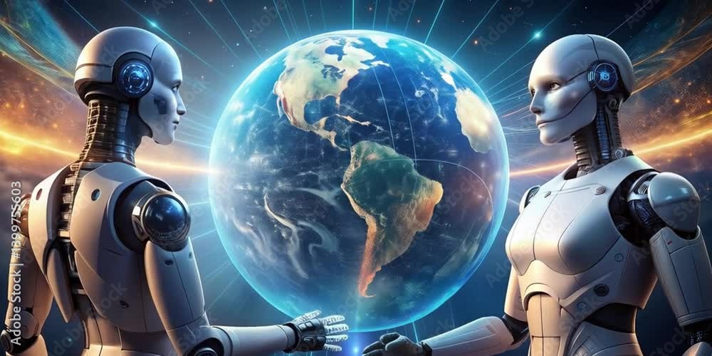 Futuristic Humanoid Robots Collaborating With Planet Earth Symbolizing ...