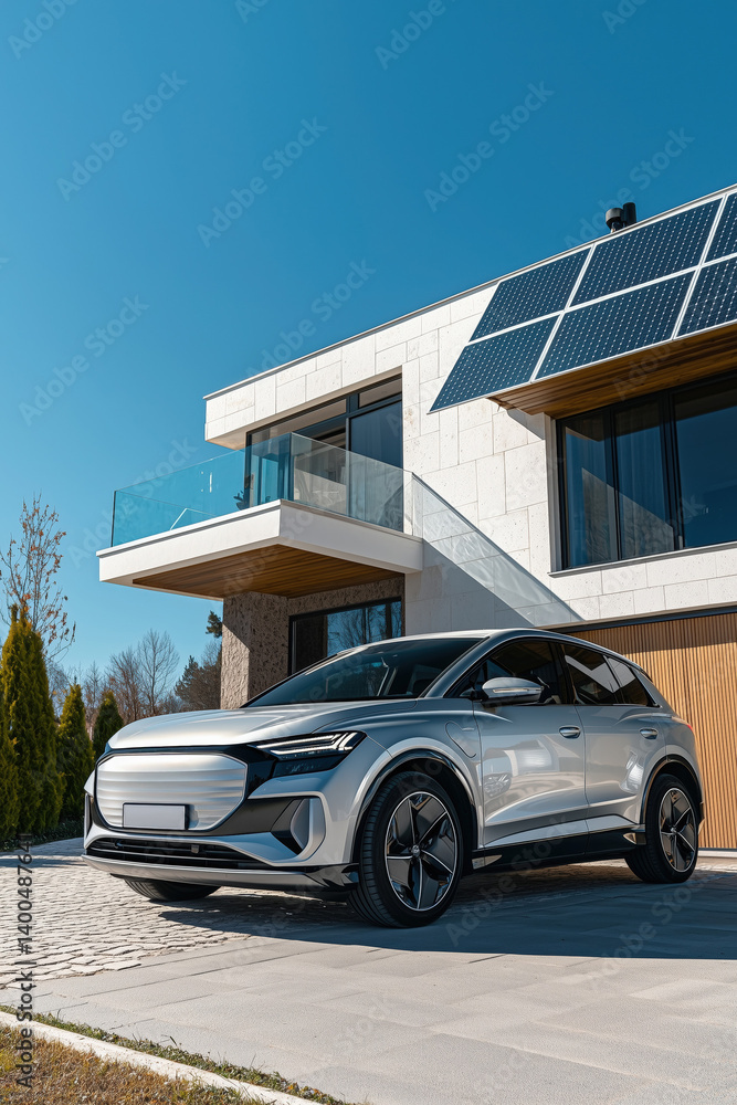 Electric SUV Parked Modern Home Solar Panels Sustainable Living Green ...