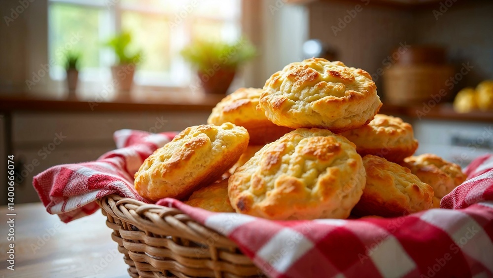 Poster Stacked golden brown pogácsa (Hungarian cheese biscuits) in a ...