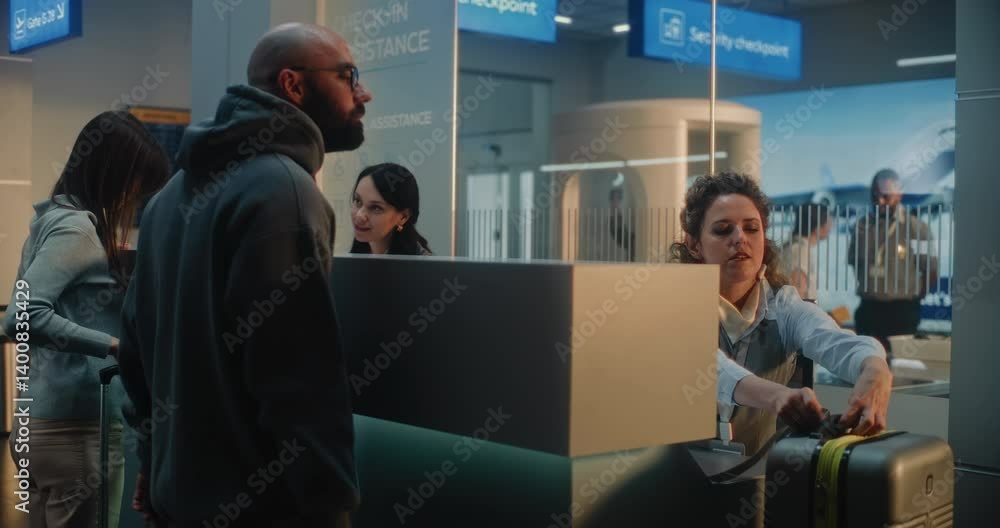 Video Stock Diverse Passengers at Airport Counter: Female Airline Check ...