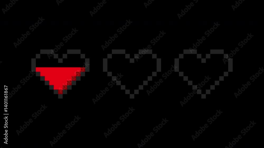 8 bit pixel art heart gaming health animation. Video game life bar. 2D ...