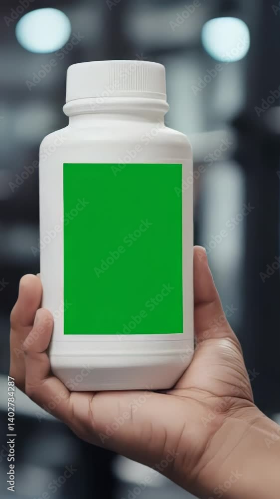 Muscular athlete gripping protein supplement bottle, green screen label ...