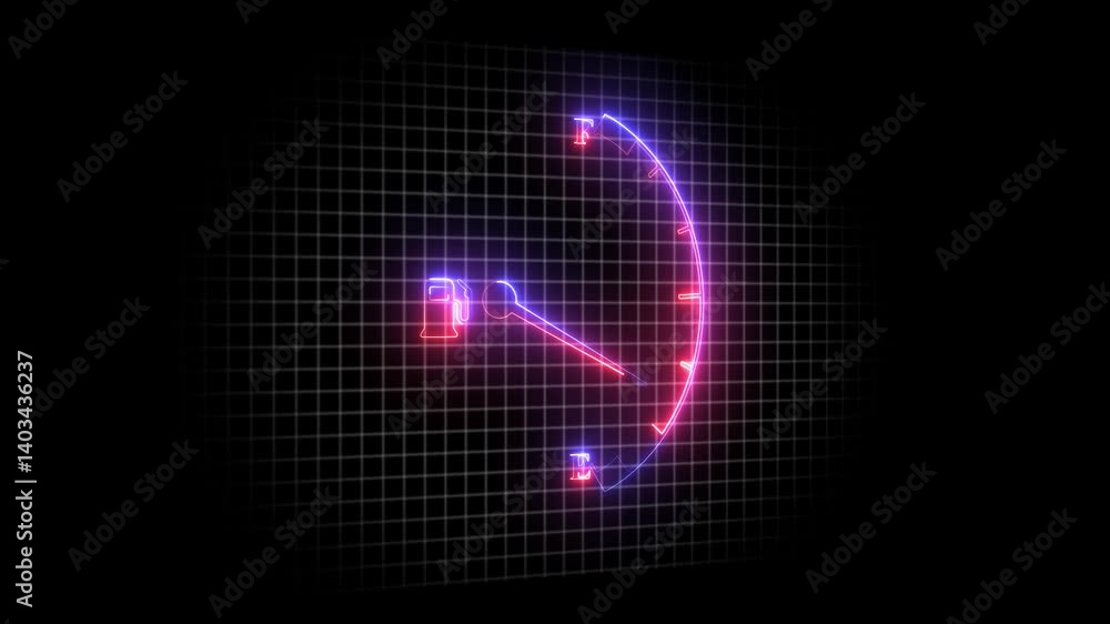 Neon fuel meter dashboard, fuel gauge. Low fuel level warning light of ...
