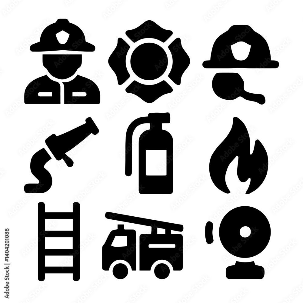 Poster Firefighter icons set of black firefighter and fire safety ...