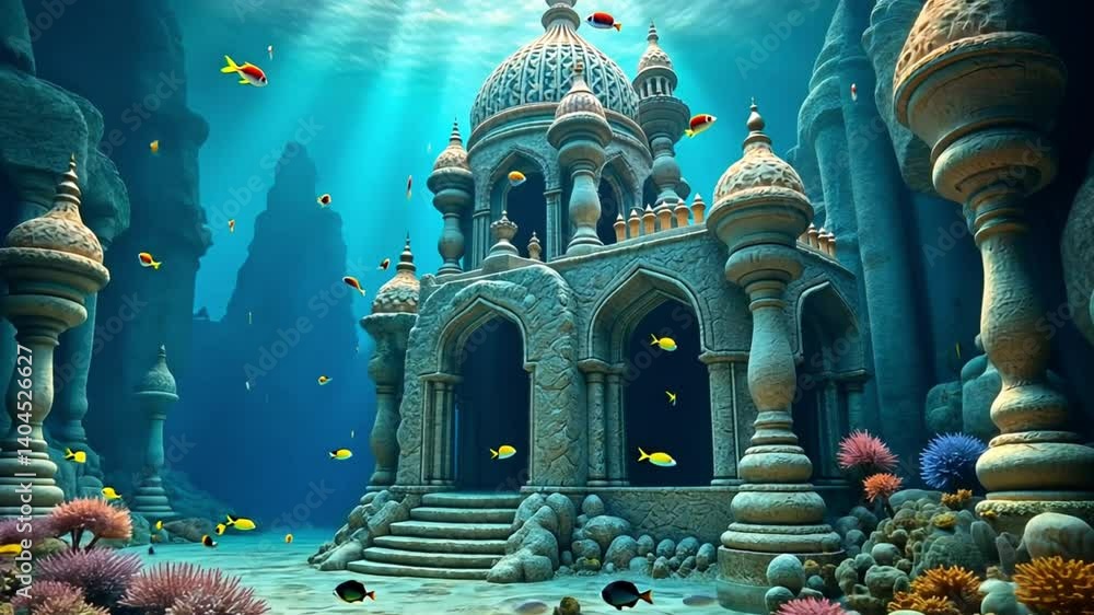 Fantasy Underwater Ancient Temple City with Dome Architecture, Coral ...