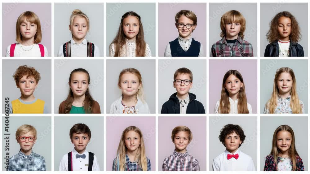Color portraits of elementary school kids with 1990s aesthetic, class ...