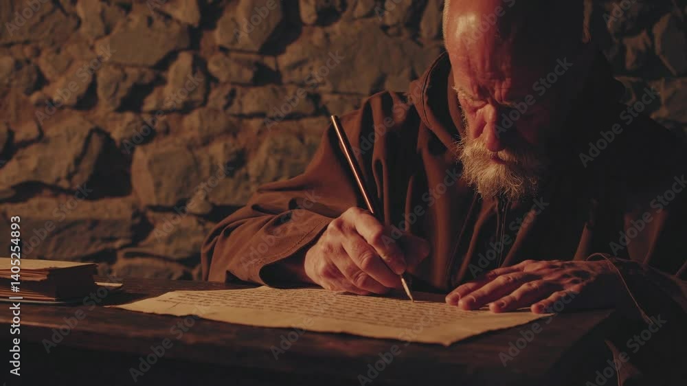 Medieval monk writing by candlelight in stone monastery vídeo de Stock ...