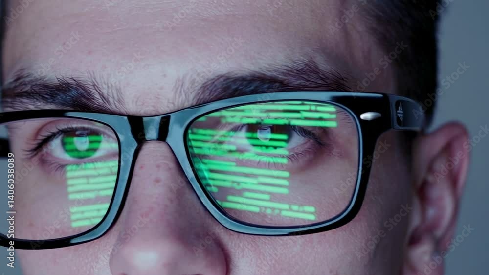 Male programmer wearing smart glasses, green matrix style code ...