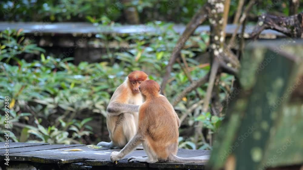 A female proboscis monkey (Nasalis larvatus) is sitting on a tree ...