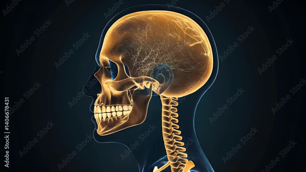 3D anatomical illustration of a human skull and spine. Detailed view of ...