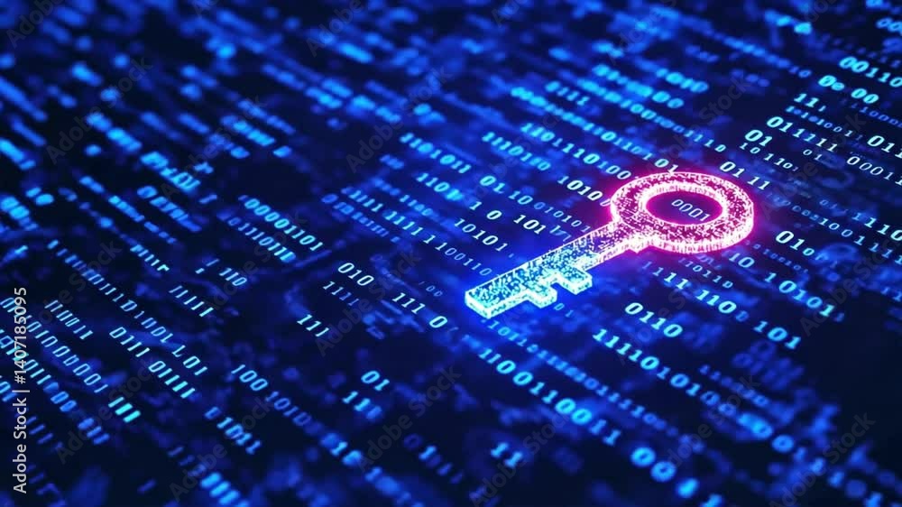 Glowing key on top of a digital binary code background, code lines ...
