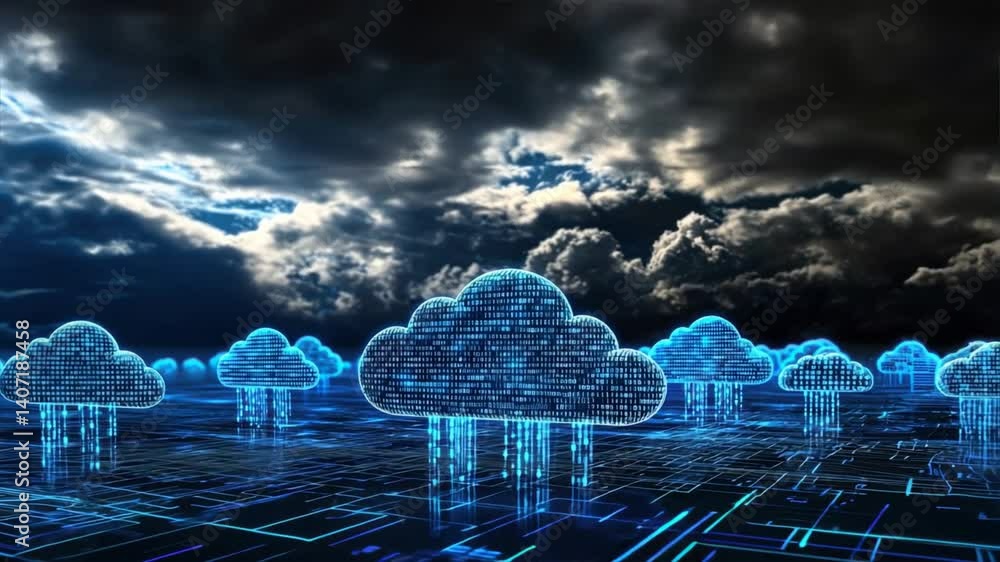 3D digital clouds with binary code flowing from them, code lines, code ...