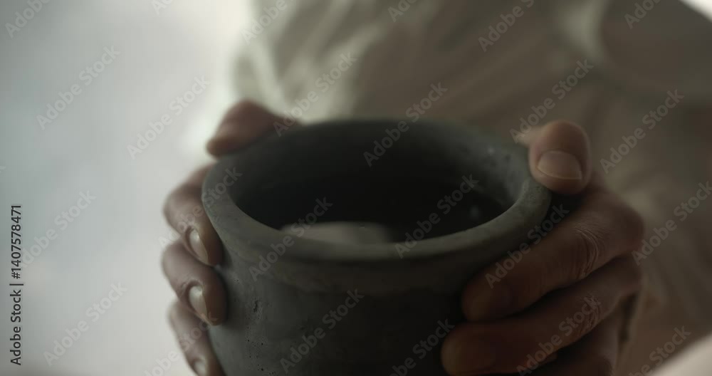Closeup of Jesus Christ holding a clay jar of wine, as a representation ...