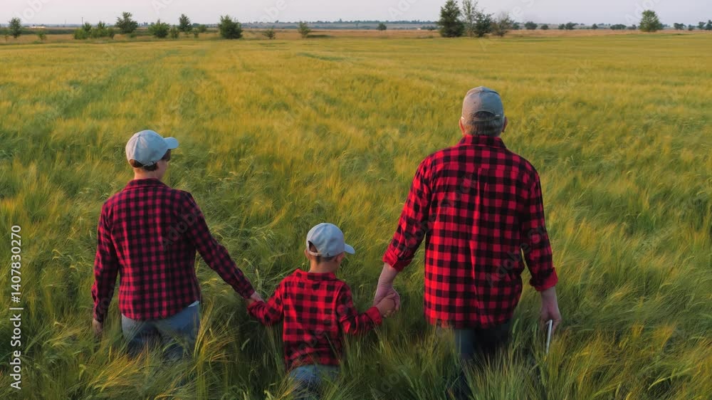 Happy farmer family with child walks in country wheat field backside ...