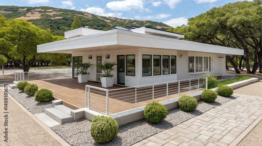 Poster Zero-energy house with slanted solar roof, deep overhangs ...