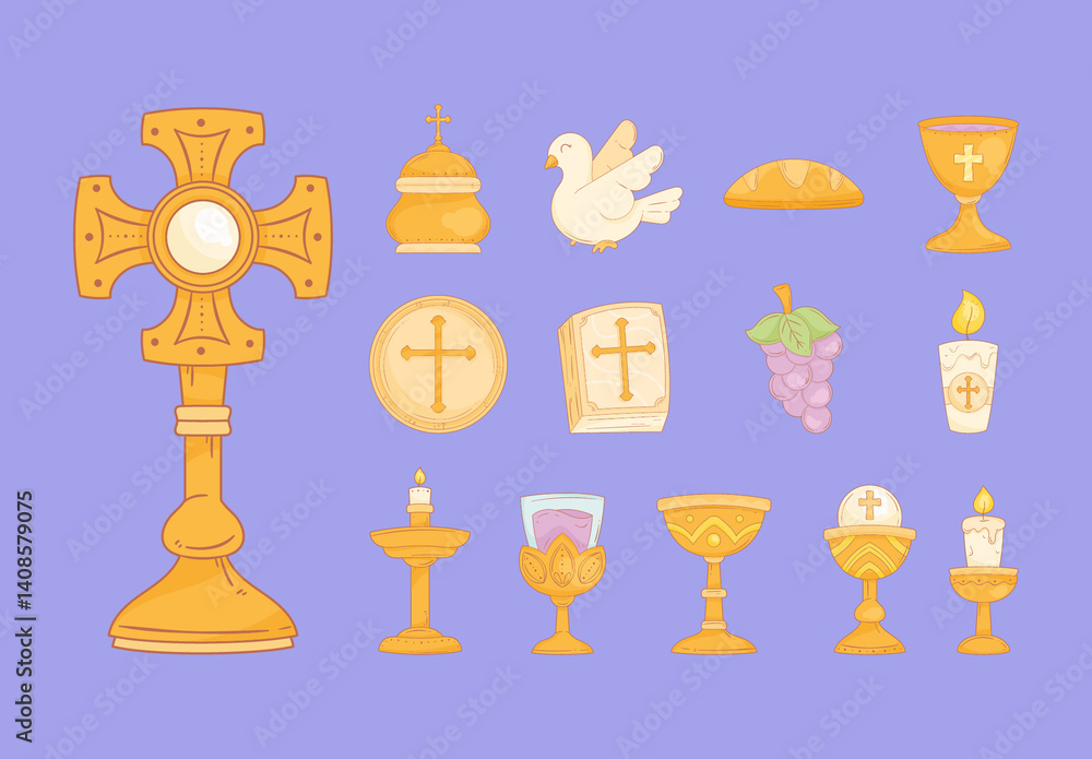 Yellow And Purple First Communion Religious Icons Set Stock Template ...